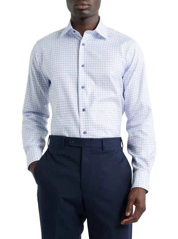 David Donahue Trim Fit Windowpane Cotton Dress Shirt - White/lilac