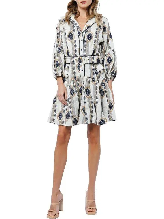 CIEBON Embroidered Belted Shirt Dress - White Multi
