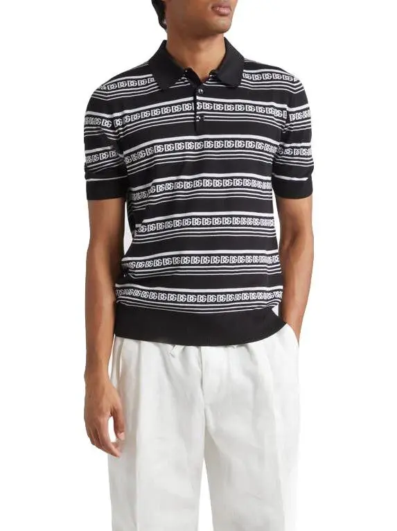 Dolce & Gabbana Logo Stripe Jacquard Silk Polo Sweater - N0004 Nero/bianco