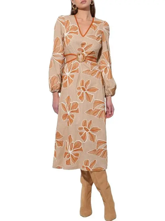 Adelyn Rae Joy Embroidered Cutout Midi Dress - Natural/rust