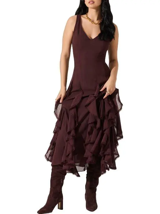 Astr The Label Philomene Ruffle Detail Midi Dress - Eggplant