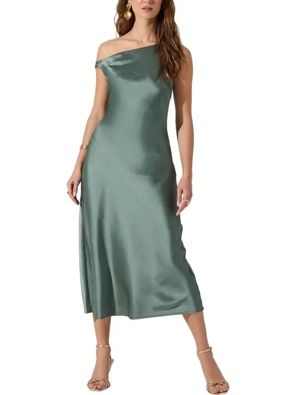 Astr The Label Elain One-shoulder Satin Dress - Sage