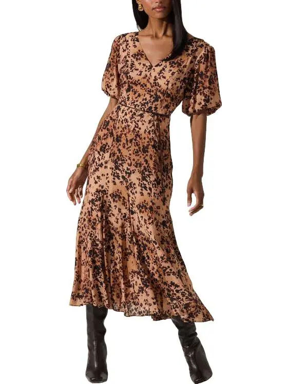 Astr The Label Lavena Leopard Print Puff Sleeve Midi Dress - Taupe Leopard Print