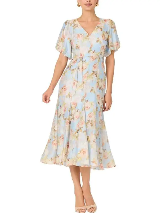 Astr The Label Lavena Floral Puff Sleeve Midi Dress - Blue Flrl