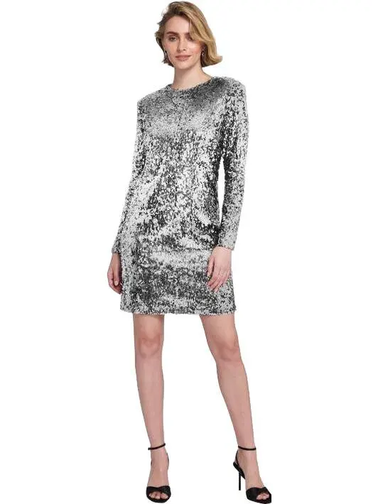 ELLE COLLECTION Long Sleeve Sequin Shift Dress - Silver