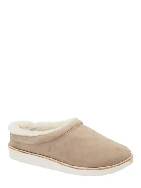 Olukai Mani Genuine Shearling Slipper - Taupe Grey/golden Sand