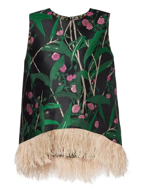La DoubleJ La Scala Feather-trimmed Jacquard Top - Multicoloured