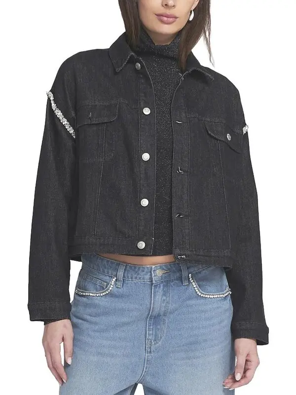 ELLE COLLECTION Rhinestone Trim Denim Jacket - Black
