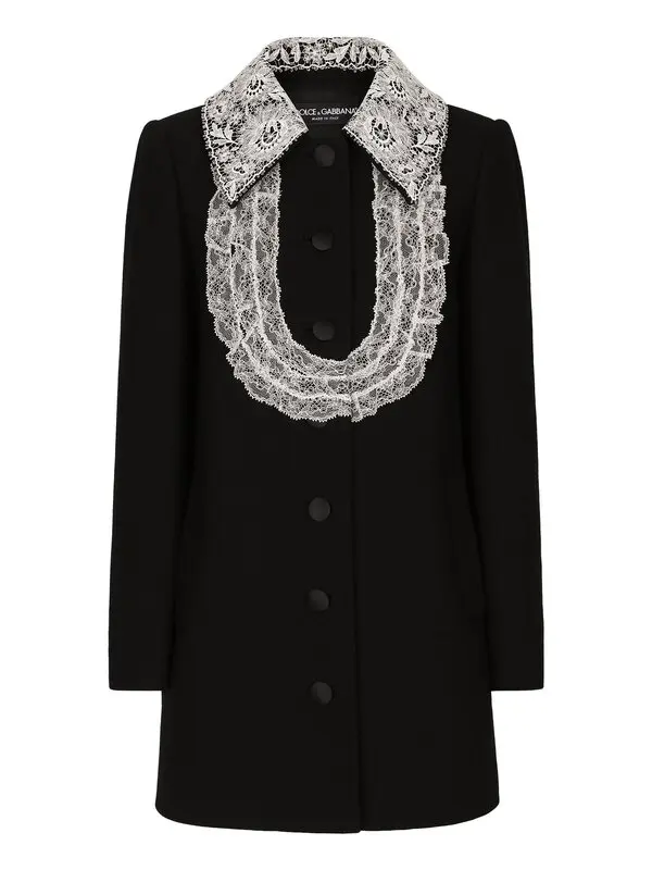 Dolce & Gabbana Stretch Wool Crepe Coat With Lace - Black