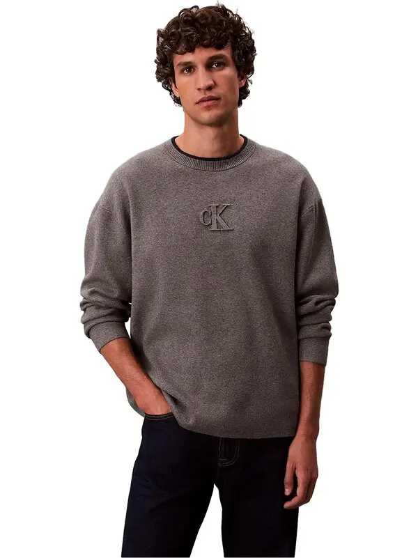 Calvin Klein Embossed Monogram Crewneck Sweater - Medium Grey Heather