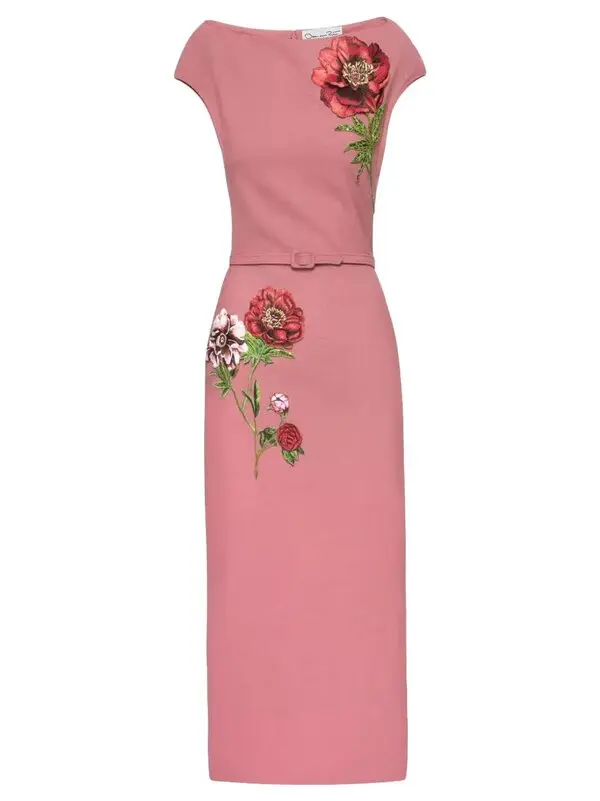 Oscar De La Renta Embroidered Belted Midi Dress - Pink