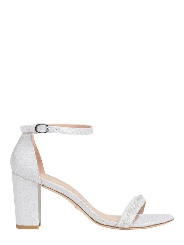 STUART WEITZMAN Embellished Glittered Satin Sandals - White