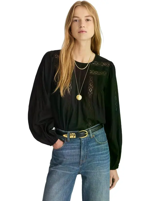 Madewell Lace-insert Pintucked Long-sleeve Top - Jet Black