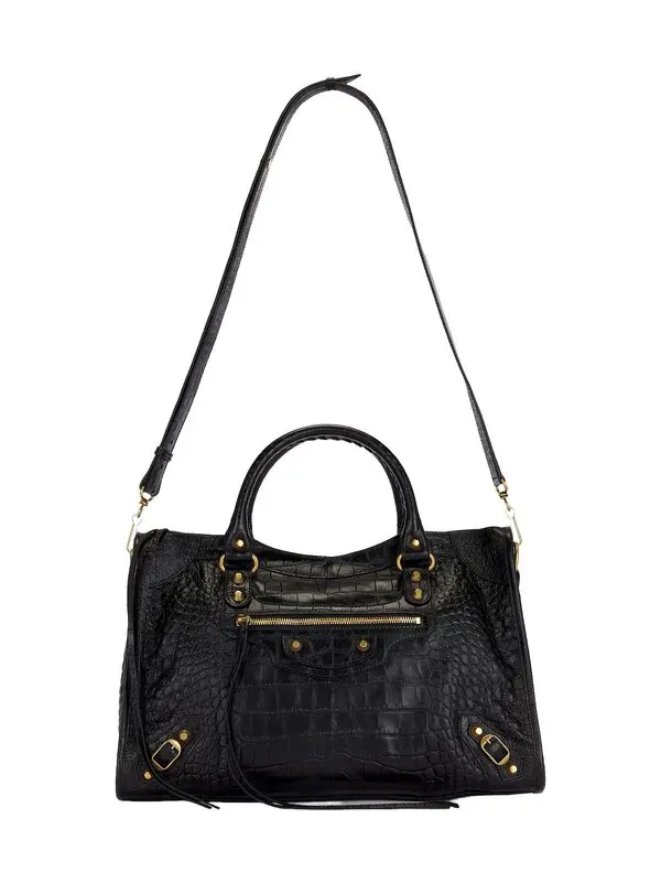 Balenciaga Le City Medium Croc Embossed Bag - Black