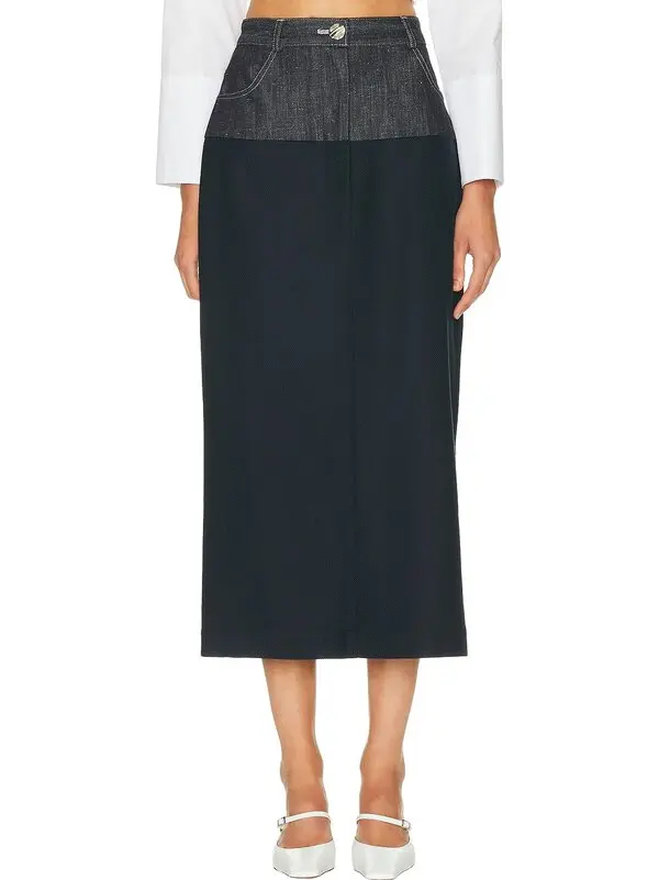 Matthew Bruch Denim Combo Midi Skirt - Undone Indigo Denim