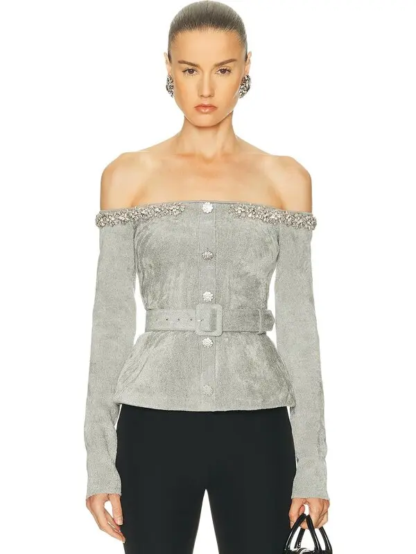 SELF-PORTRAIT Chenille Knit Crystal Trim Top - Grey