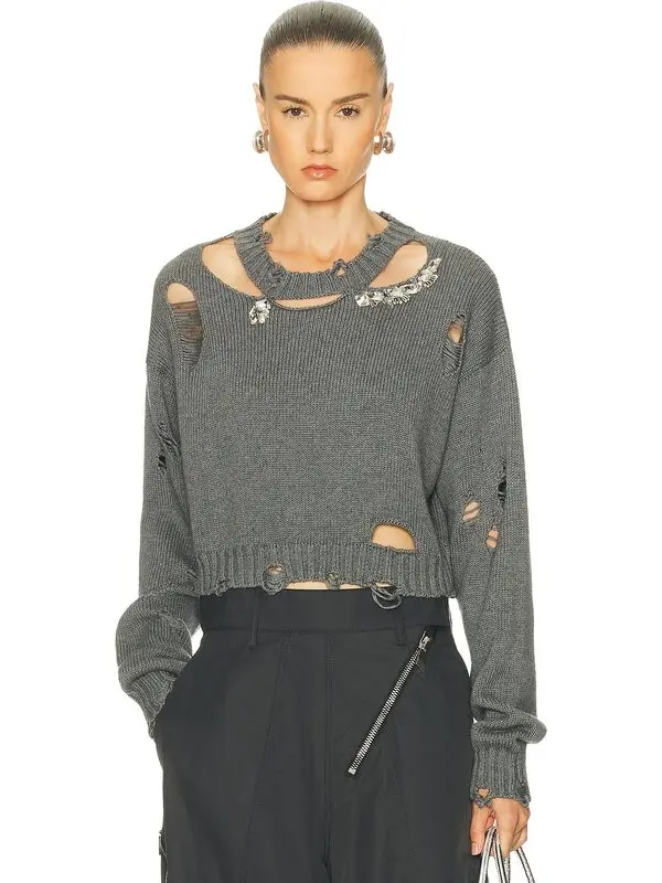 AREA Distressed Crystal Crewneck Sweater - Heathered Grey