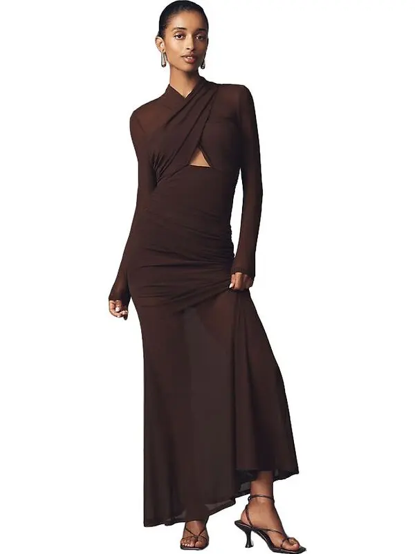 Bardot Veria Long-sleeve Wrap Mesh Maxi Dress - Chocolate