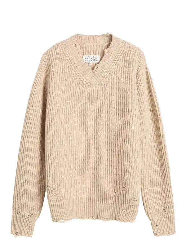 MAISON MARGIELA Distressed Knitted Sweater - Beige Melange