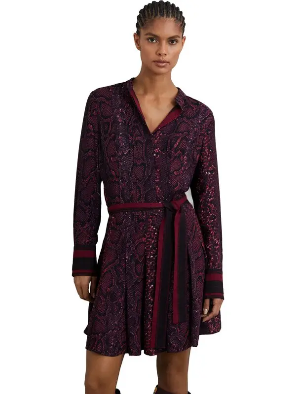 REISS Aurora Snake-print Mini Dress - Burgundy/black