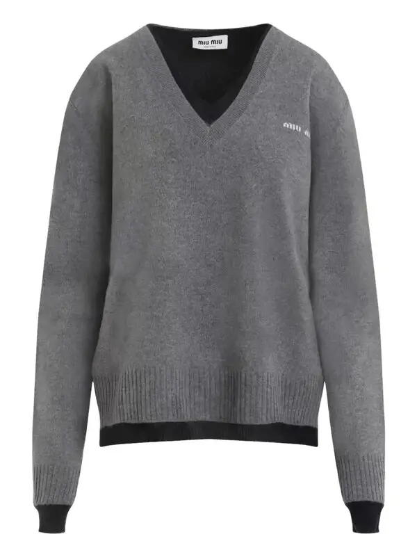 Miu Miu V-neck Logo-embroidered Sweater - Grey