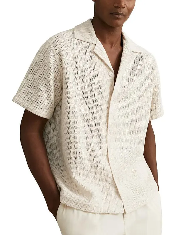 REISS Leon Crochet Regular Fit Button Down Short Sleeve Cuba Shirt - Off White