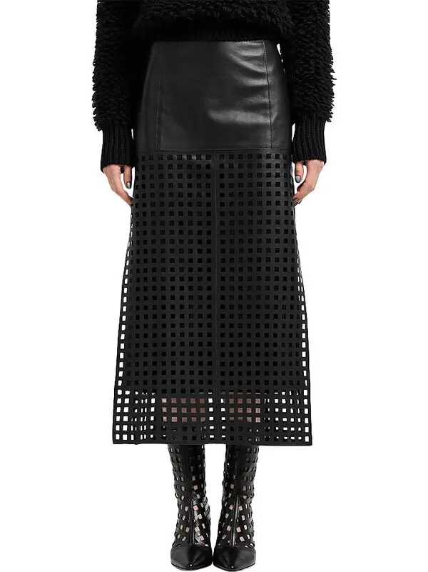 Emporio Armani Leather Square Lasercut Midi Skirt - Solid Black
