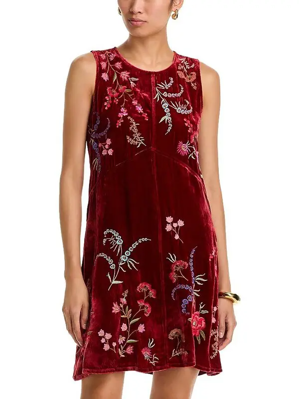 Johnny Was Velvet Embroidered Dress - Cranberry