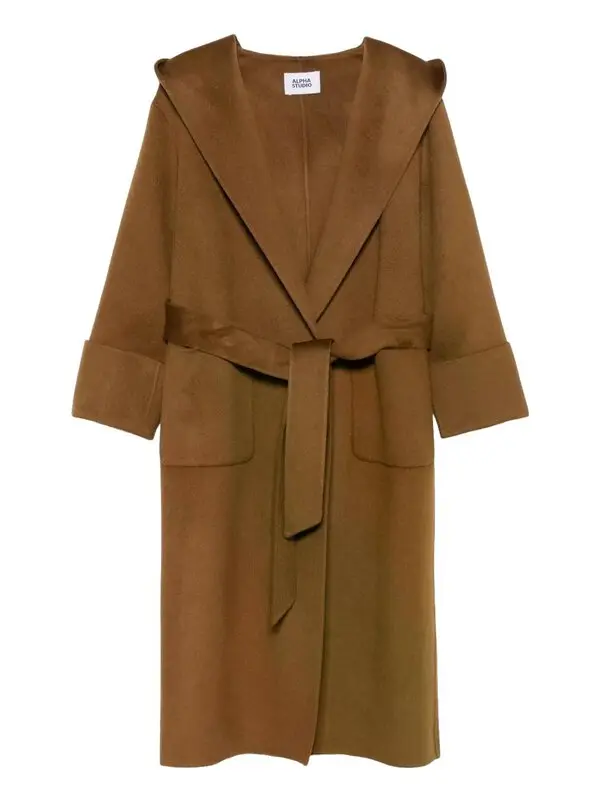 Alpha Studio Hooded Belted Coat - Brown