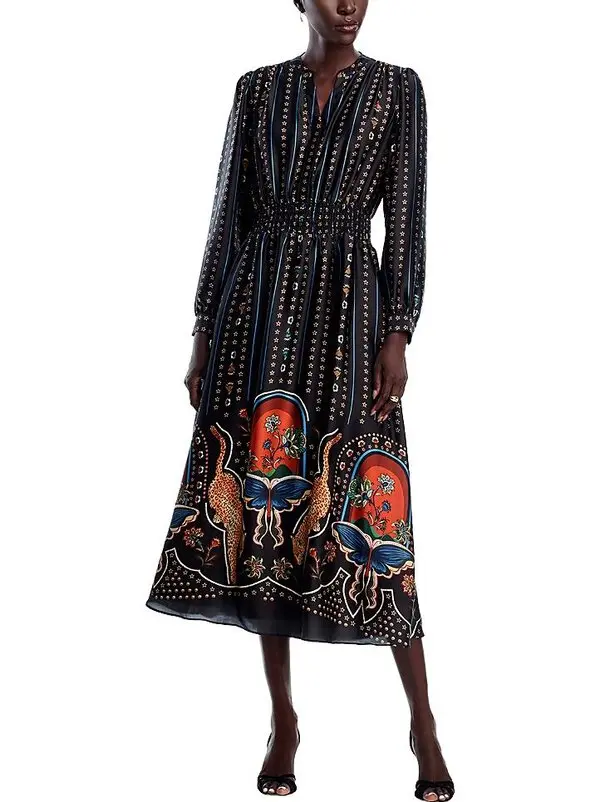 T Tahari Long Sleeve Split V Neck Midi Dress - Canyon Safari Print