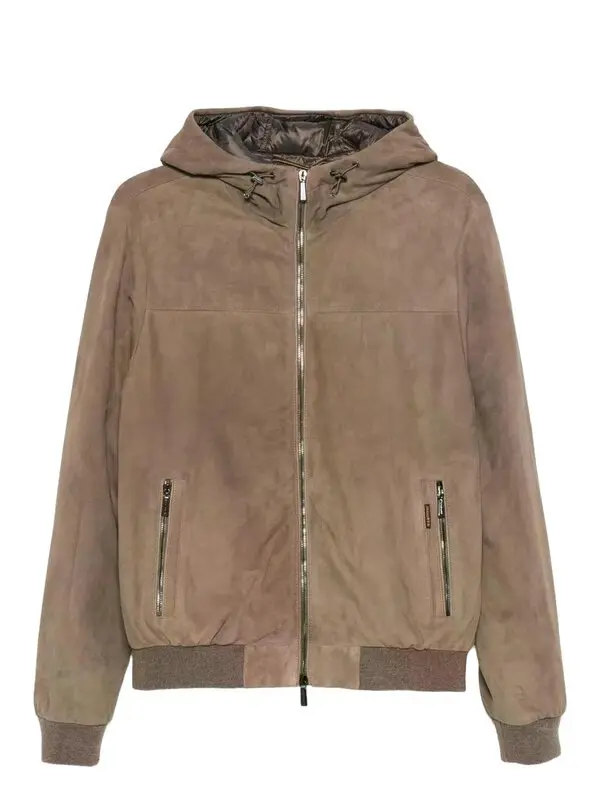 MOORER Suede Hooded Bomber Jacket - Brown