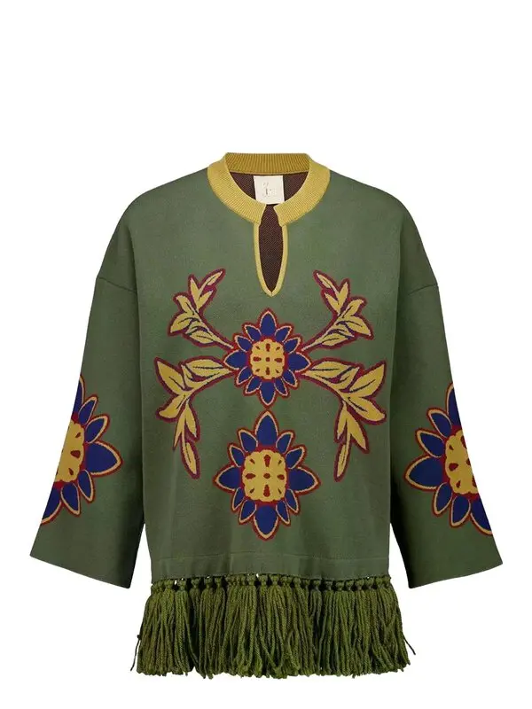 PAULA Floral Tunic With Fringe - Green