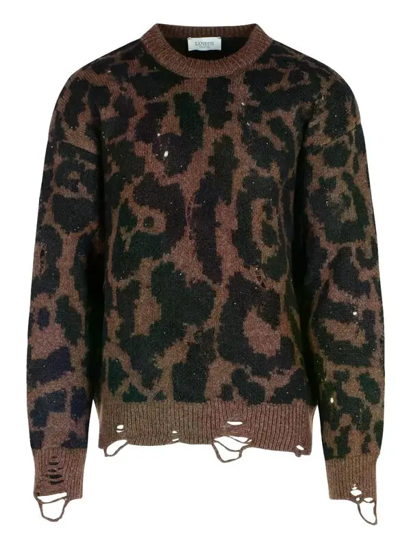 LANEUS Leopard-print Frayed-trim Sweater - Brown