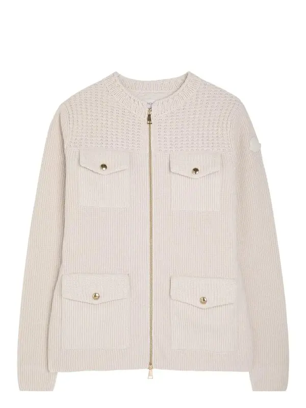 Moncler Logo Ribbed Wool And Shell Cardigan - Natural