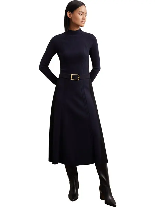 REISS Zaya Petite Knitted Midi Dress - Navy/black