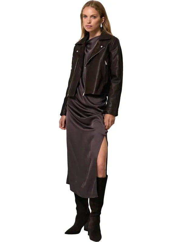 REISS Leather Biker Jacket With Suede Lapels - Chocolate Brown