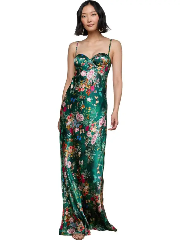 L'Agence Sayla Silk Gown - Bottle Green Multi Charonda Butterfly