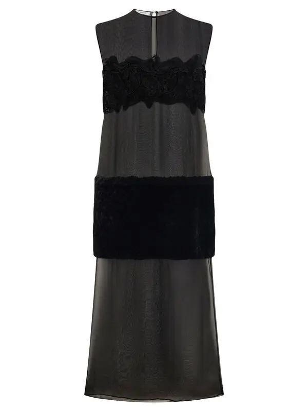 FERRAGAMO Shift Dress With Lace And Shearling Inlays - Black