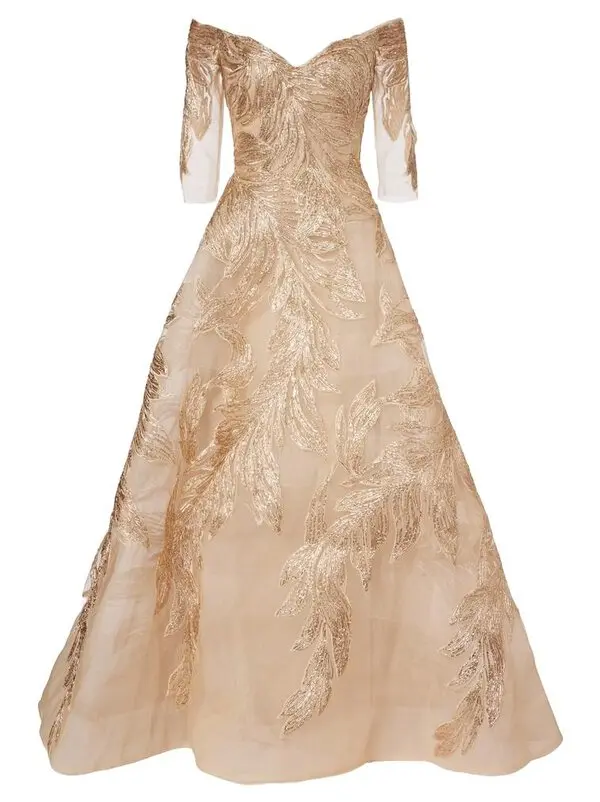 Monique Lhuillier Embroidered Off-shoulder Tulle Gown - Gold
