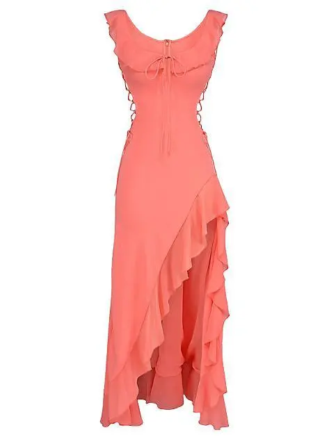 House Of Cb Georgette Ruffle Woven Maxi Dress - Coral