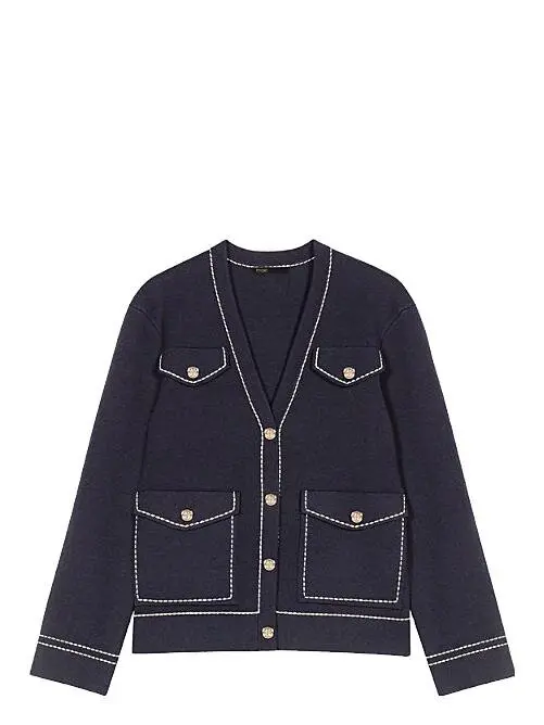 Maje V-neck Contrast-stitched Knitted Cardigan - Navy
