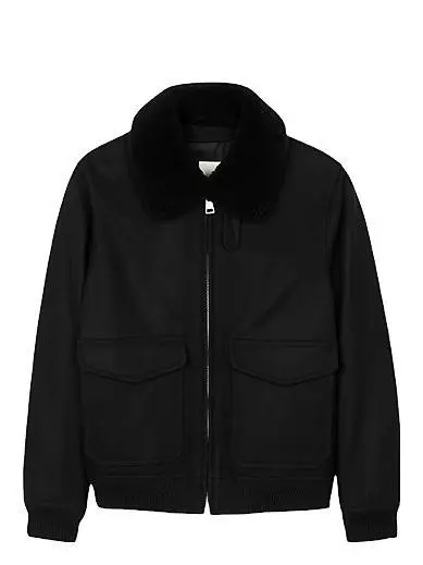 Sandro Shearling-collar Wool-blend Aviator Jacket - Black