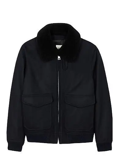 Sandro Shearling-collar Wool-blend Aviator Jacket - Navy Blue