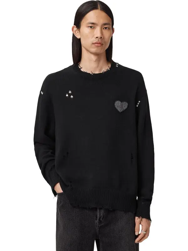 ALLSAINTS Theo Distressed Embroidered Sweater - Black