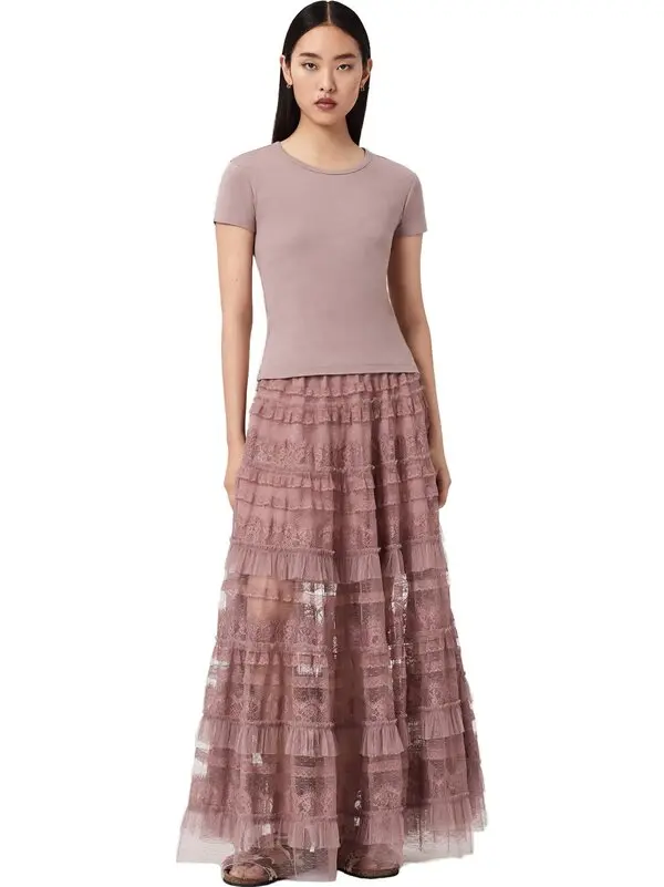 ALLSAINTS Arlea Tulle Maxi Skirt With Lace Trims - Lilac