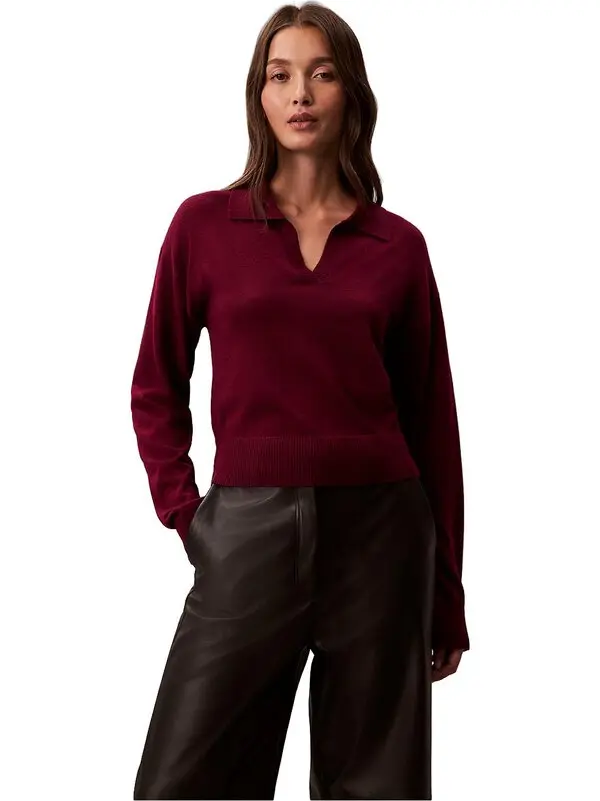 Calvin Klein Merino Wool Blend Relaxed Polo Sweater - Berry Glaze