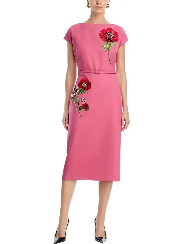 Oscar De La Renta Floral Embroidered Short Sleeve Dress - Chrysanthemum