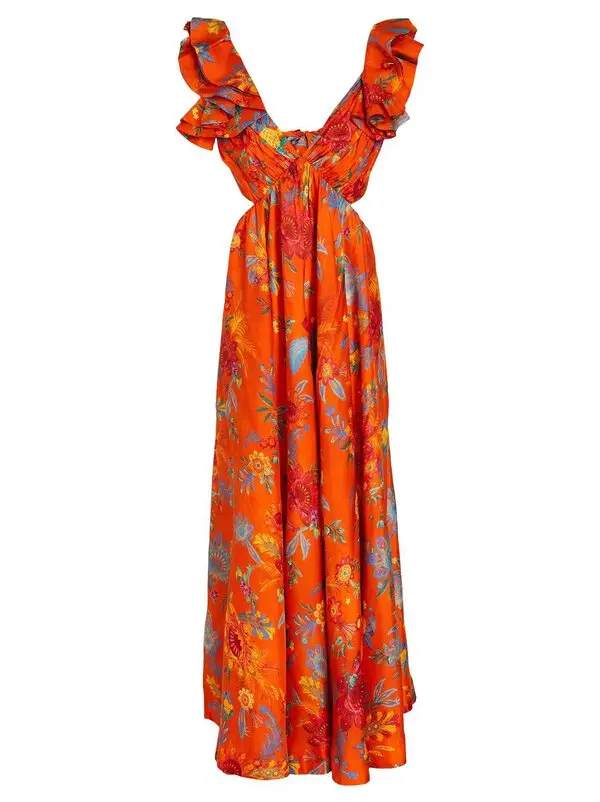 Zimmermann Cutout Ruffled Floral-print Silk Maxi Dress - Orange