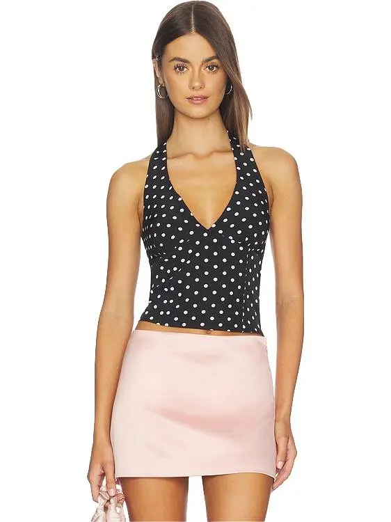 MORE TO COME Vivan Halter Top - Black & White Dot