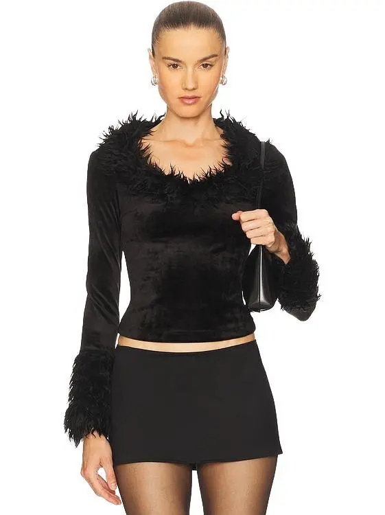 Versace Velvet Top With Feather Trim - Black